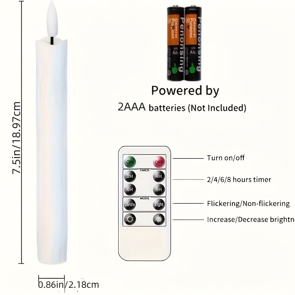 6pcs Flameless Taper Remote Control 7 5in White Battery Operated Led ...