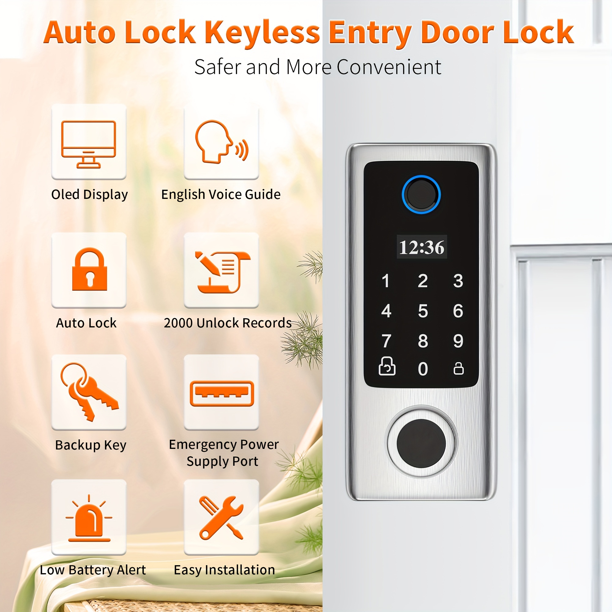 Satin Nickel Fingerprint Door Lock 2 Level Handles Smart - Temu