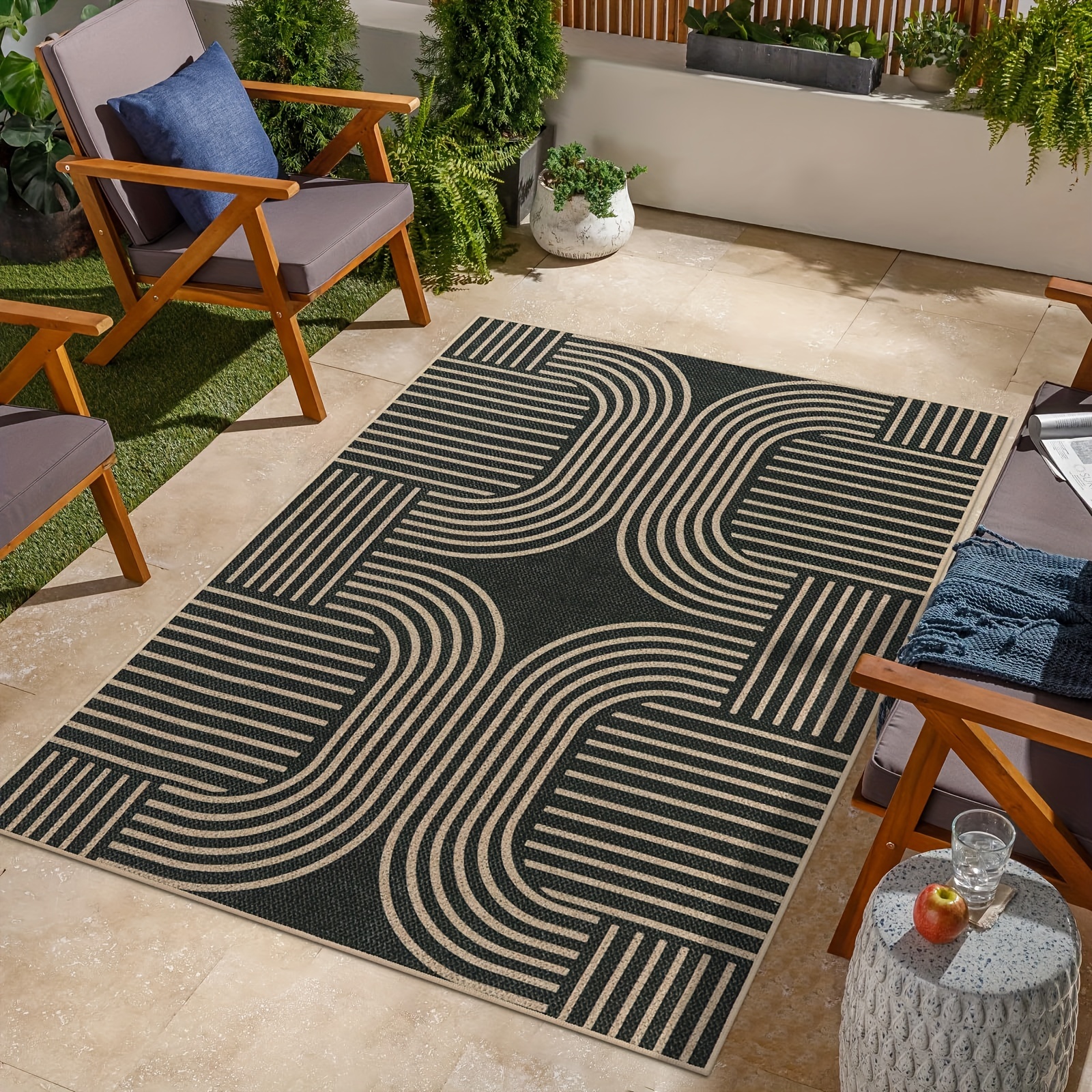 Modern Geometric Outdoor Easy Jute Rug 3x5 Indoor Outdoor Rugs For Living Room Rug Black Entryway Rug Farmhouse Washable Area Rug Non Slip Carpet Fo