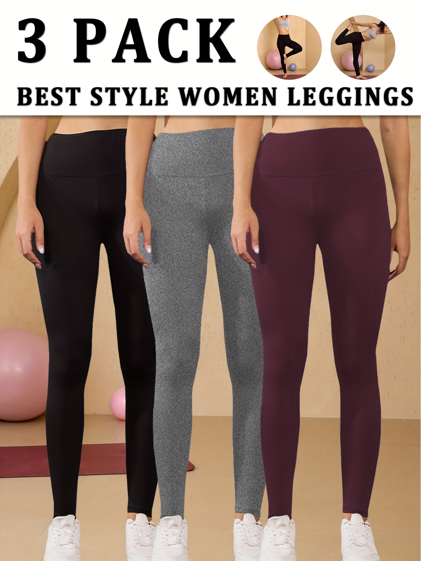 3 Pack Super Soft Leggings For Women Solid Color High Waisted Tummy Control Solid Color Workout Yoga Running Pants Leggings