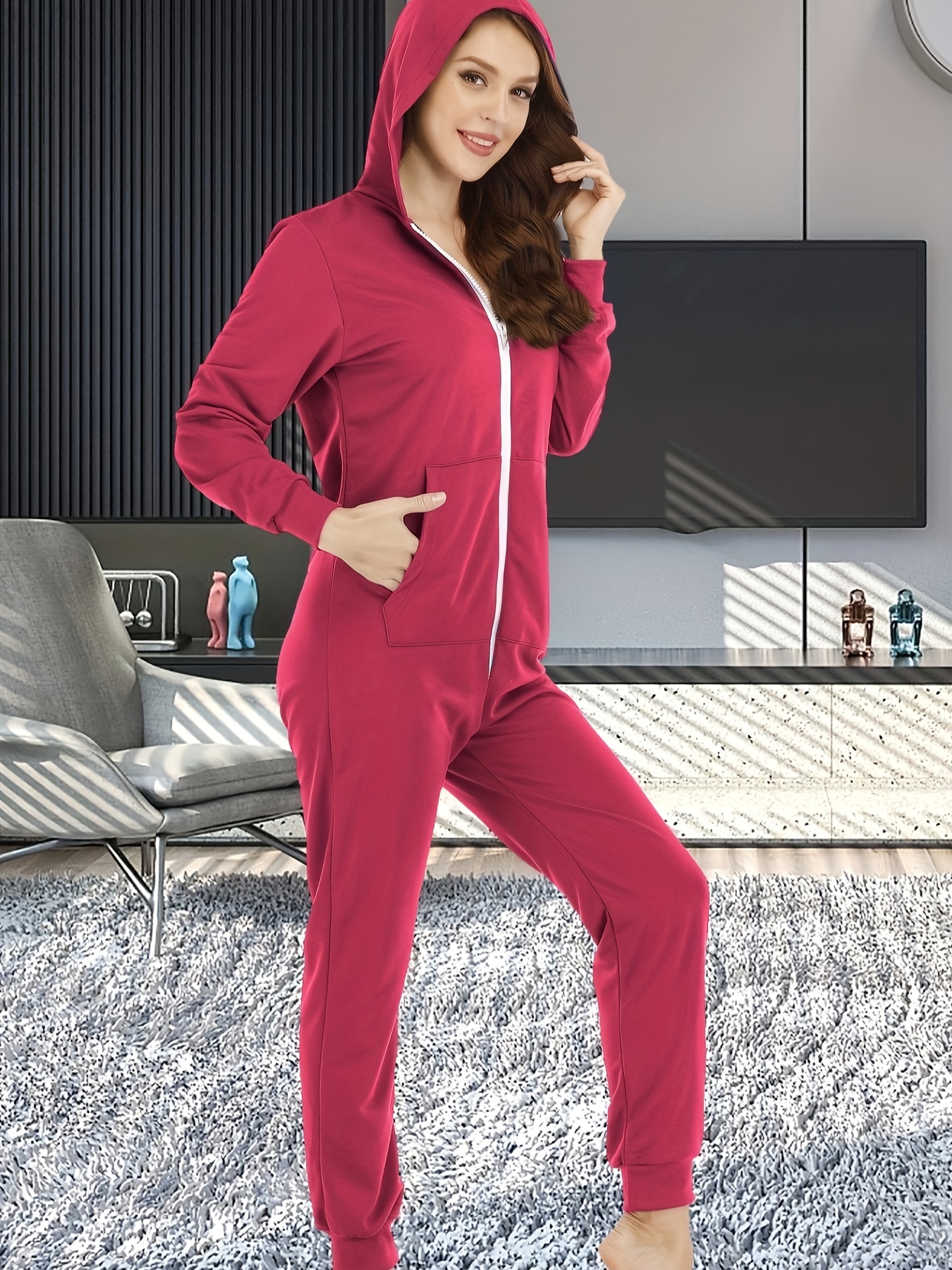 Womens Jumpsuits Red Zip Up Jumpsuit Casting Belted Waist Jumpsuit, Red ...