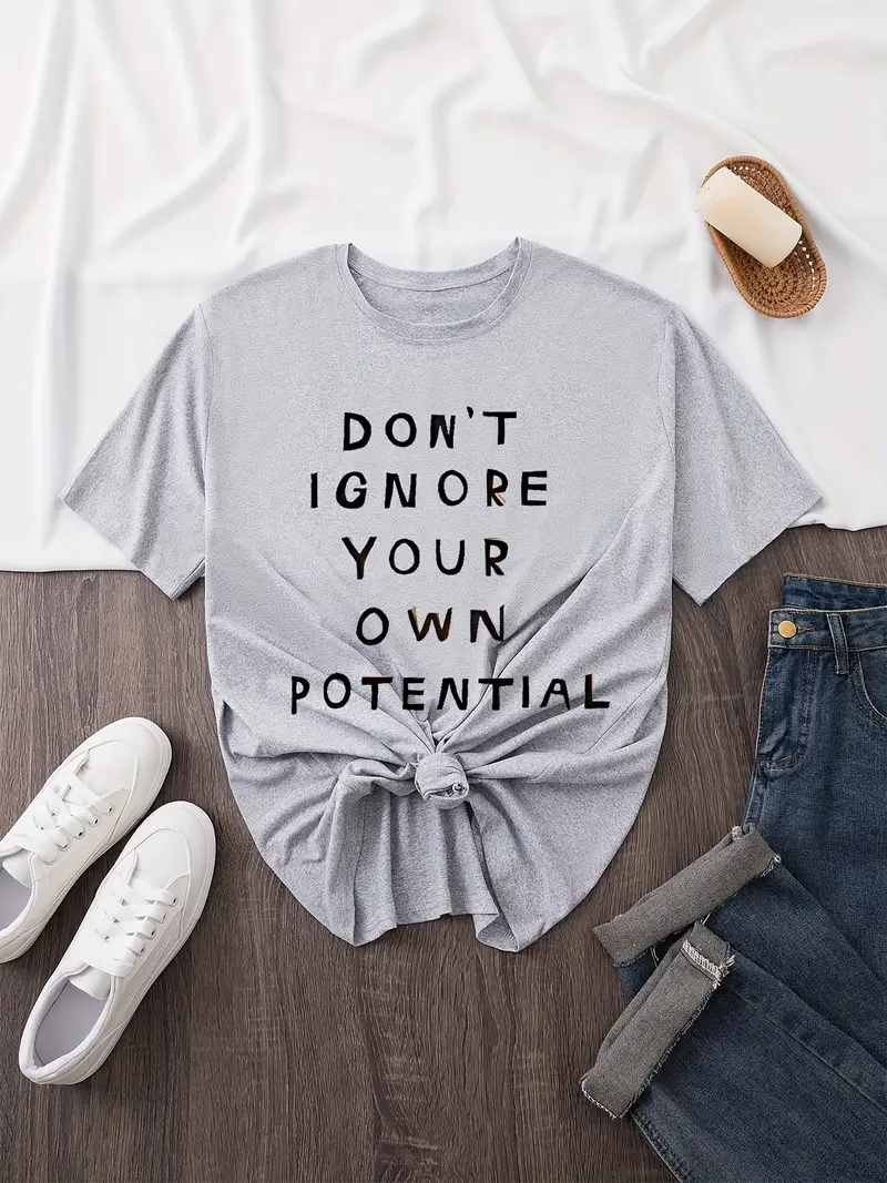Letter Print T Shirt Plus Size Short Sleeve Crew Neck Casual Temu New
