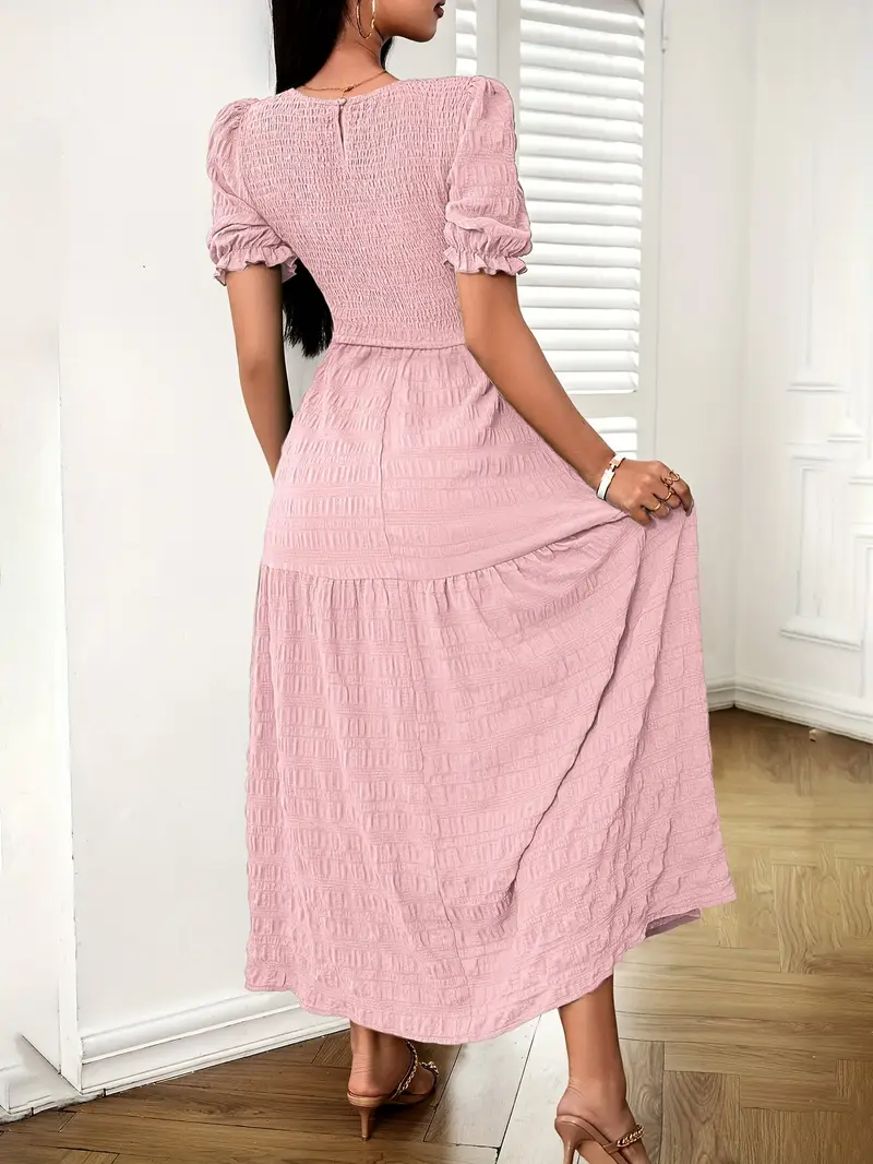 Shirred Crew Neck Dress Elegant Solid Short Sleeve Dress Temu