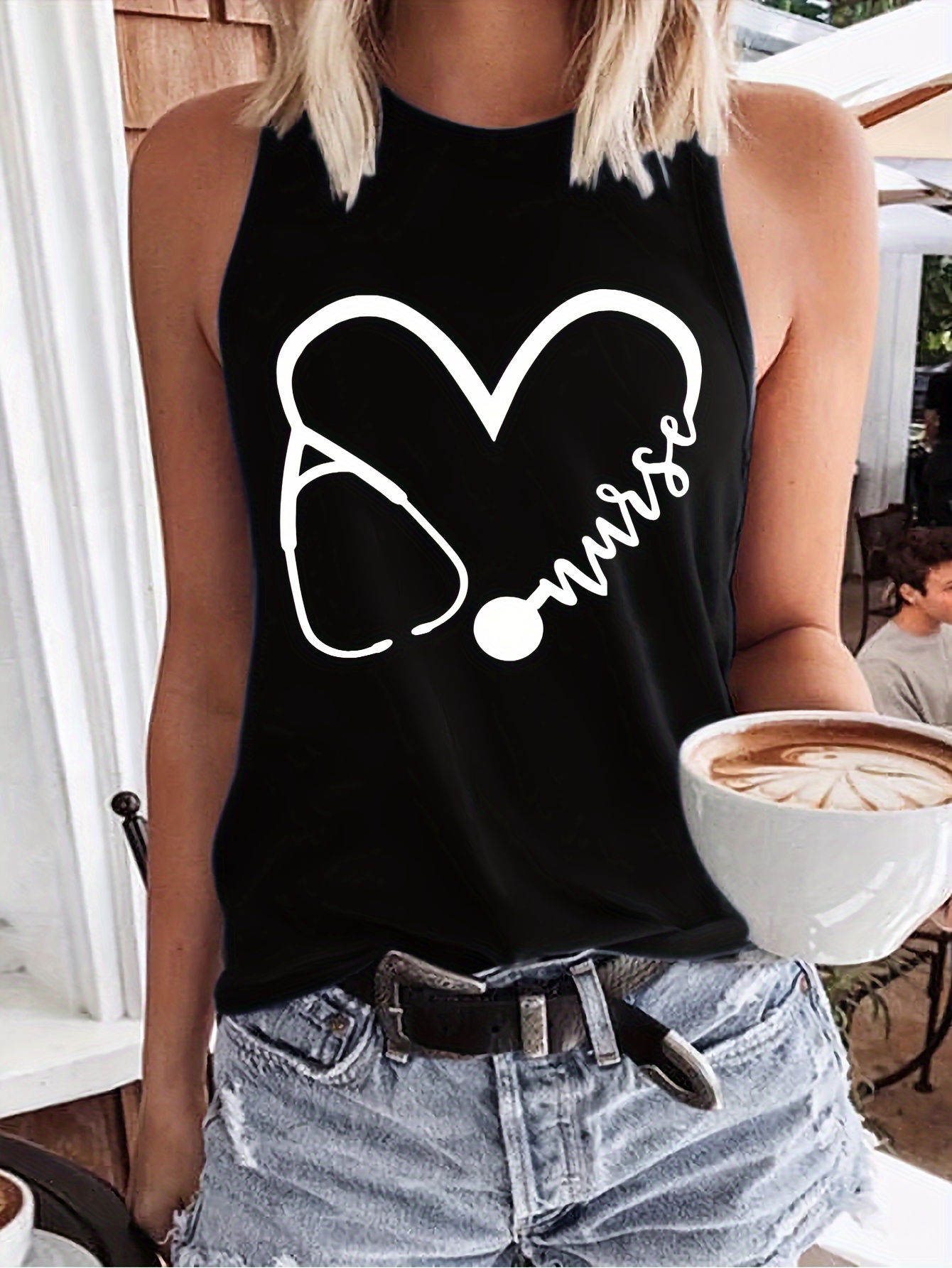 Hjerte tanktop Med Grafisk Print Ærmeløs Afslappet Top Til - Temu Denmark