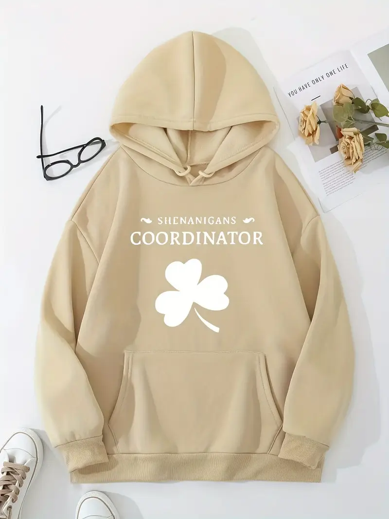 Clover Print Hoodie Plus Size Casual Long Sleeve Kangaroo Temu Canada