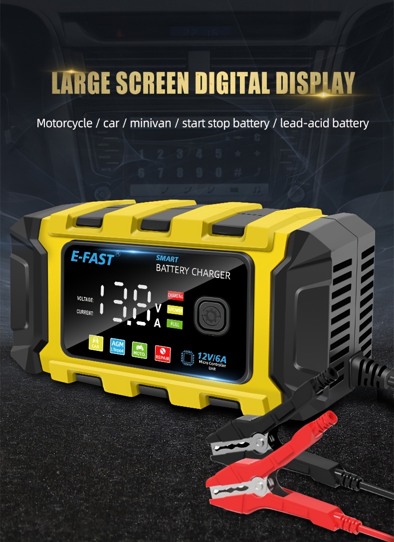 12v 6a Large Color Screen Smart Car Battery Charger Trickle Charger ...