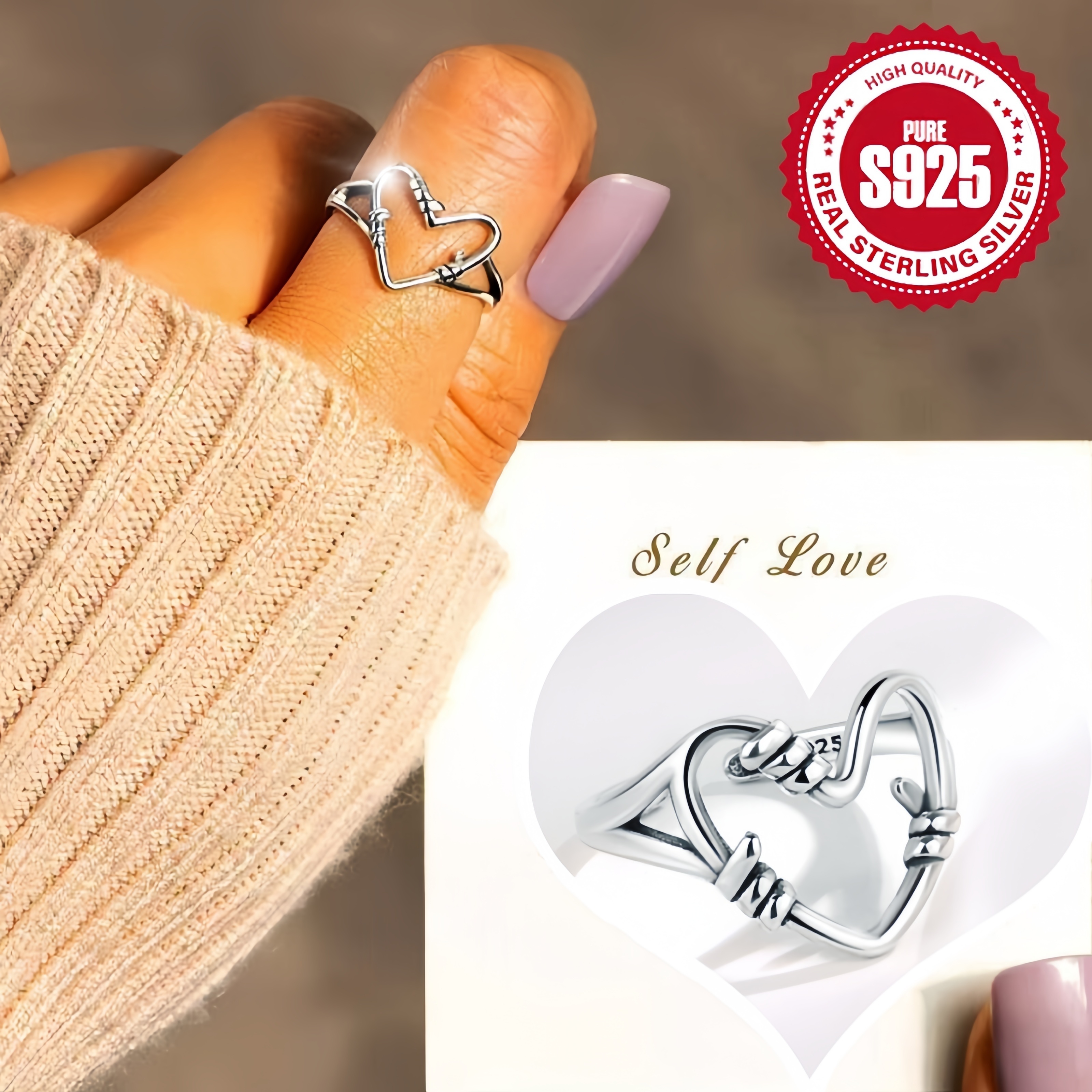 Hollow Love Heart Open Ring Elegant 925 Silver Finger Ring - Temu Ireland