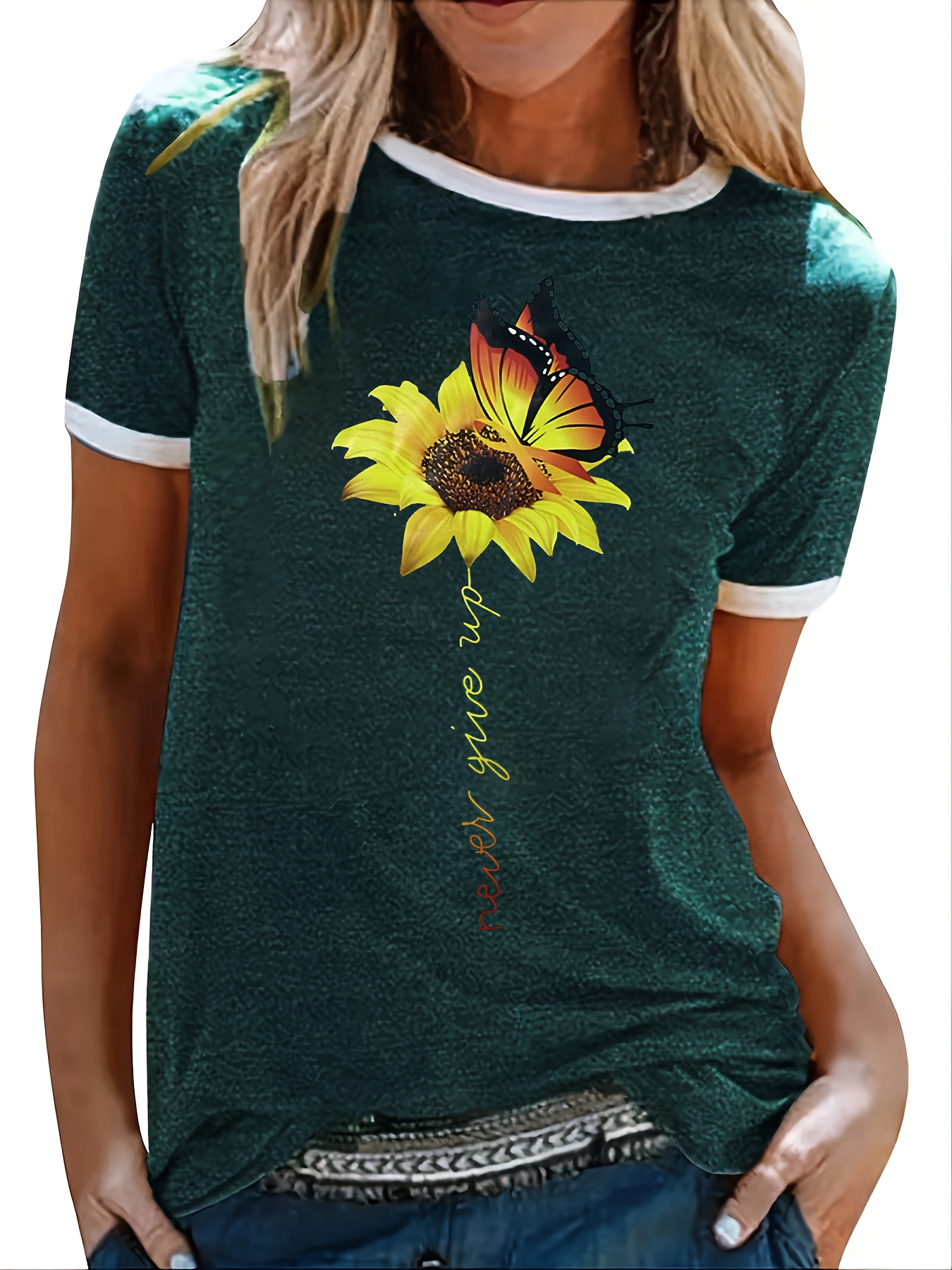 Sunflower Print T shirt Casual Crew Neck Short - Temu Canada