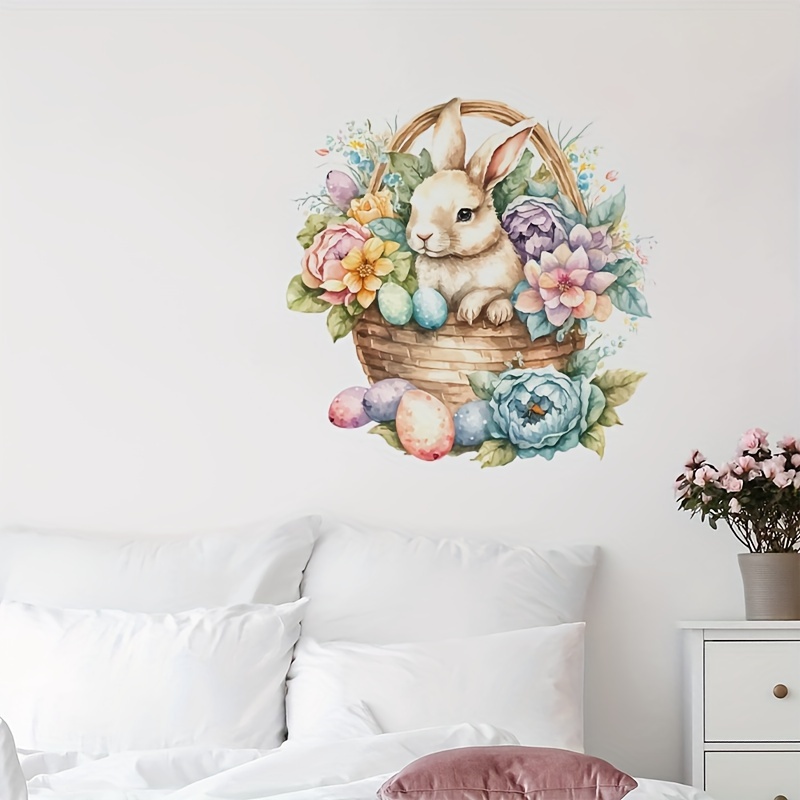 creative cartoon wall sticker bunny flower basket print - Temu Canada