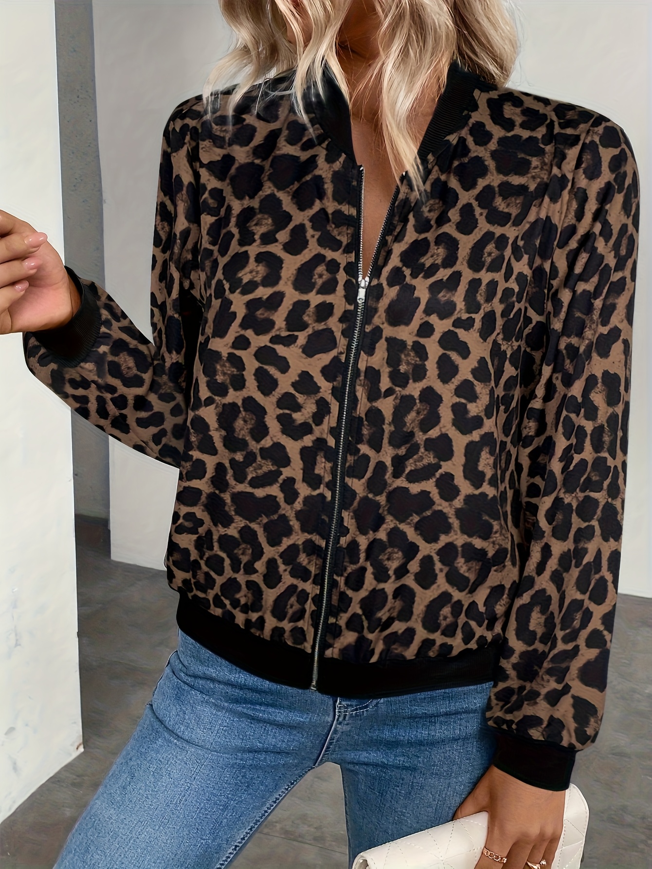 Women'S Elegant Leopard Print Zip-Up Jacket with Stand Collar - Casual ...
