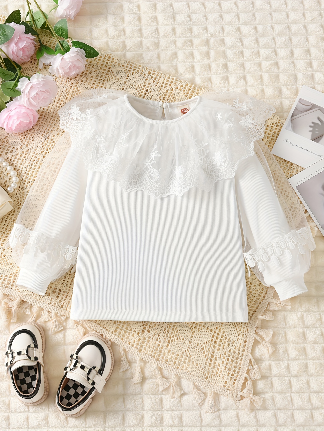 Lace Ruffle Blouse Girls Solid Mesh Stitching Puff Sleeve - Temu ...
