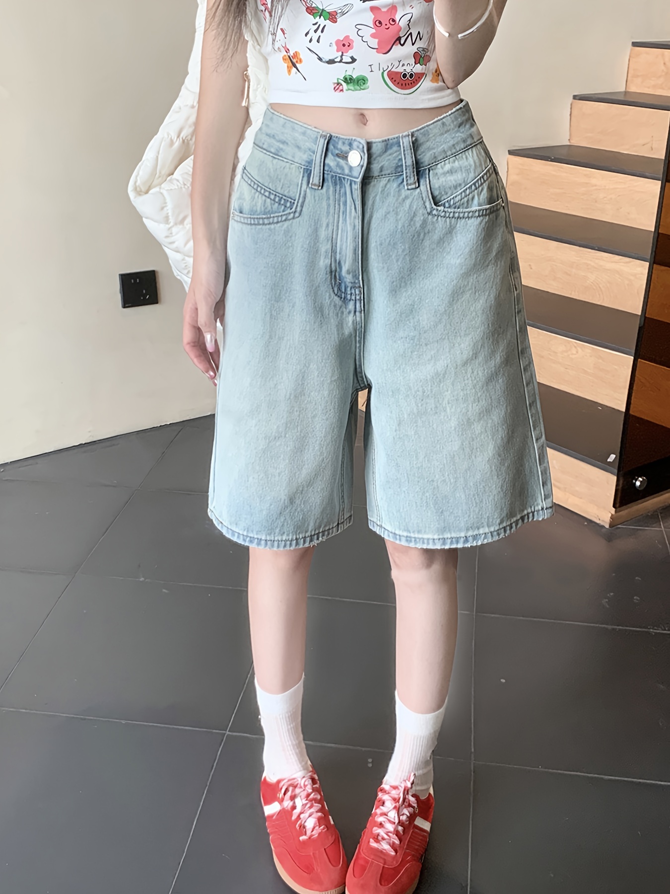 Plain Light Washed Blue Slash Pocket Loose Fit Straight Leg Denim ...