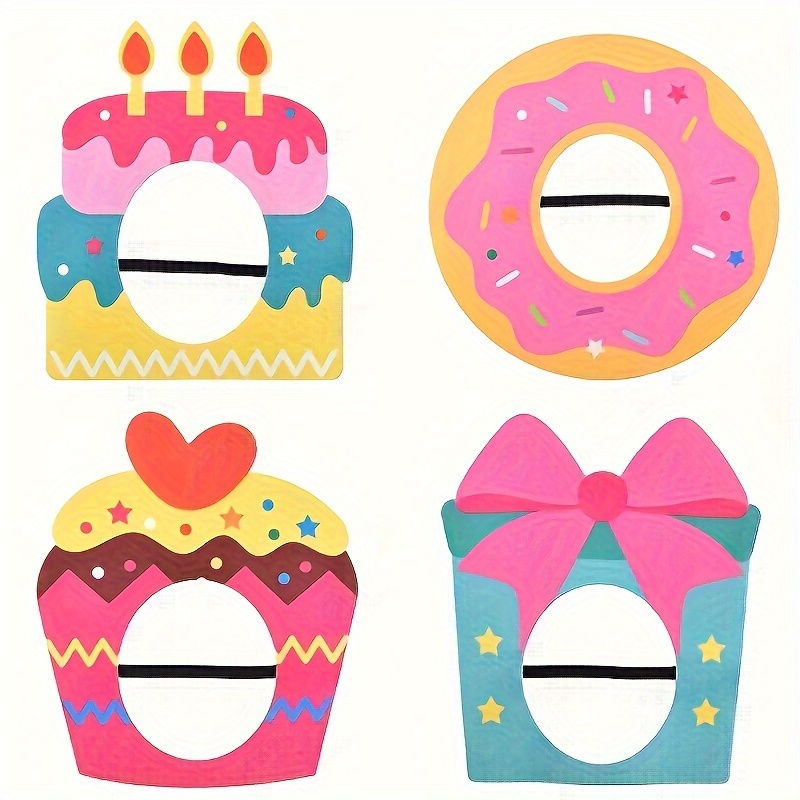 1 세트 생일 파티 포토 부스 소품 세트 도넛과 케이크 디자인 모자와 탄성 밴드 어린이와 성인을 위한 귀여운 파티 장식 키트 모자 24개와 헤어밴드 24개 포함