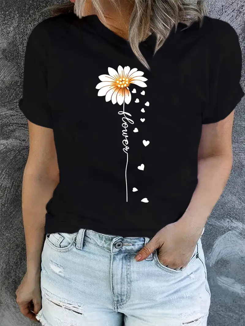 Floral Print Crew Neck T Shirt Casual Short Sleeve T Shirt Temu Canada