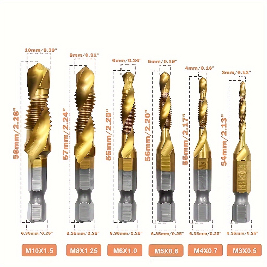 "durable" 6-piece Titanium-coated Hss Tap Drill Bit Set For Screw ...