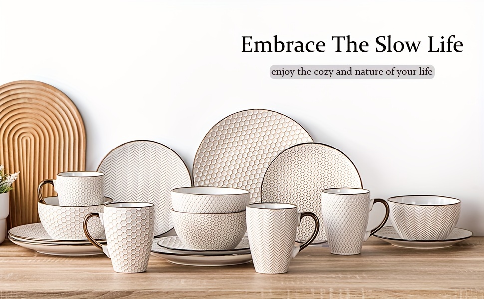 Ceramic Dinnerware Set Of 16 - Includes 8 Each Of 16 Oz Coffee Mugs And ...