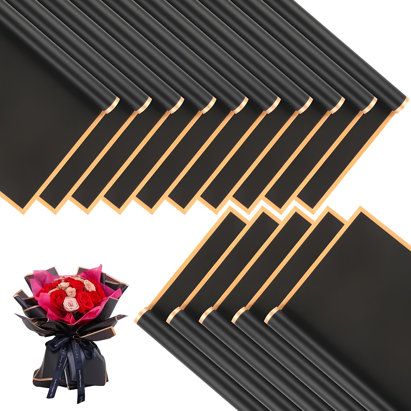 Black Flower Wrapping Paper Golden Edges Korean Florist - Temu