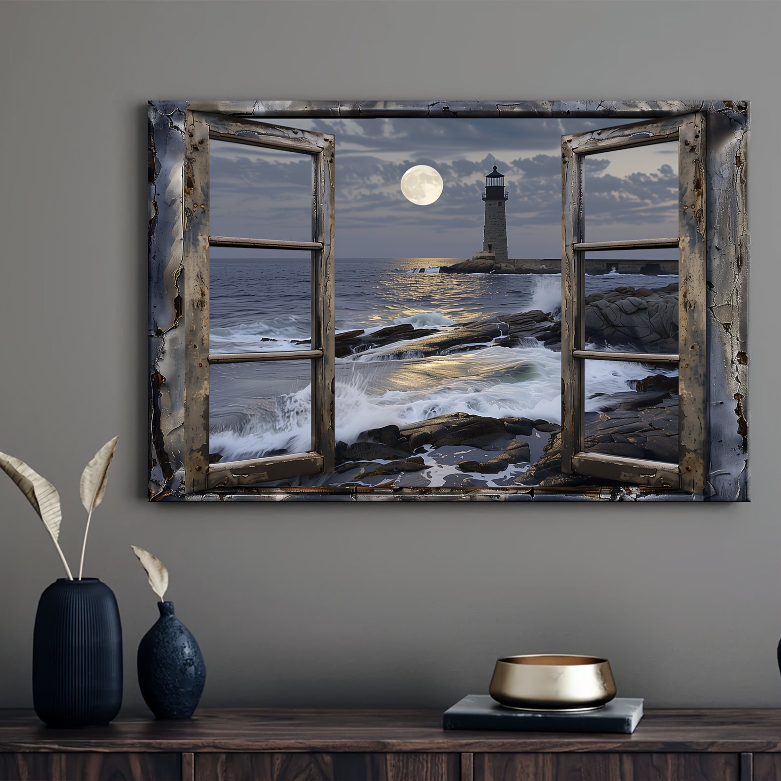 wooden framed canvas painting coastal lighthouse beach scene - Temu