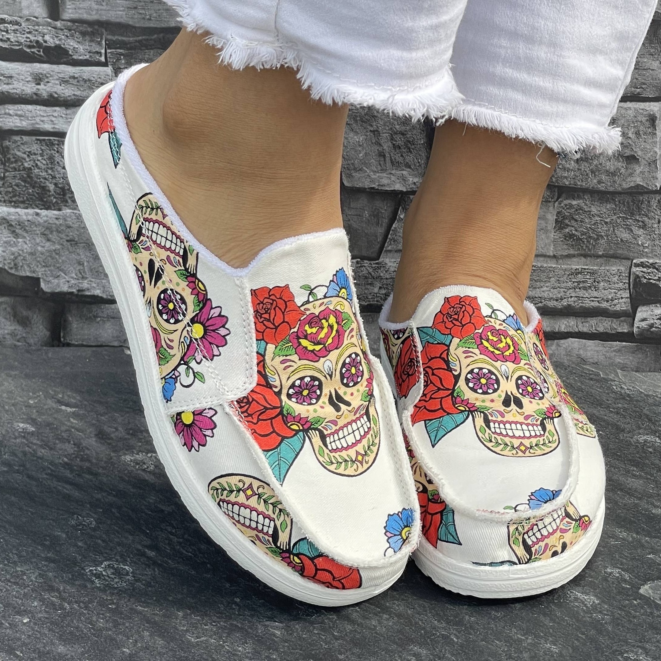 Floral Print Shoes Women s Skull Casual Slip Lightweight - Temu Australia