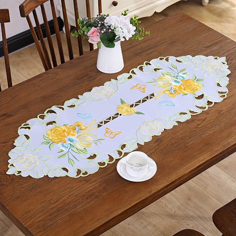 Polyester Table Runner Satin Blue Flower Embroidered Fabric - Temu Portugal