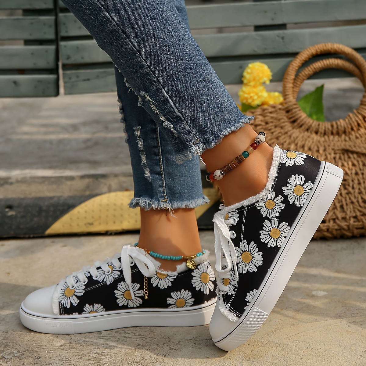 Patike sa cvetnim printom za žene ravne patike sa sirovim - Temu