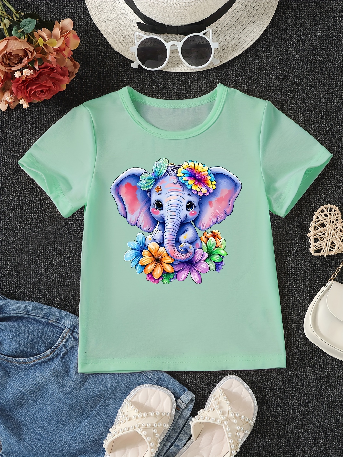 Colorful Cartoon Elephant Flowers Graphic Print Girls Comfy - Temu ...