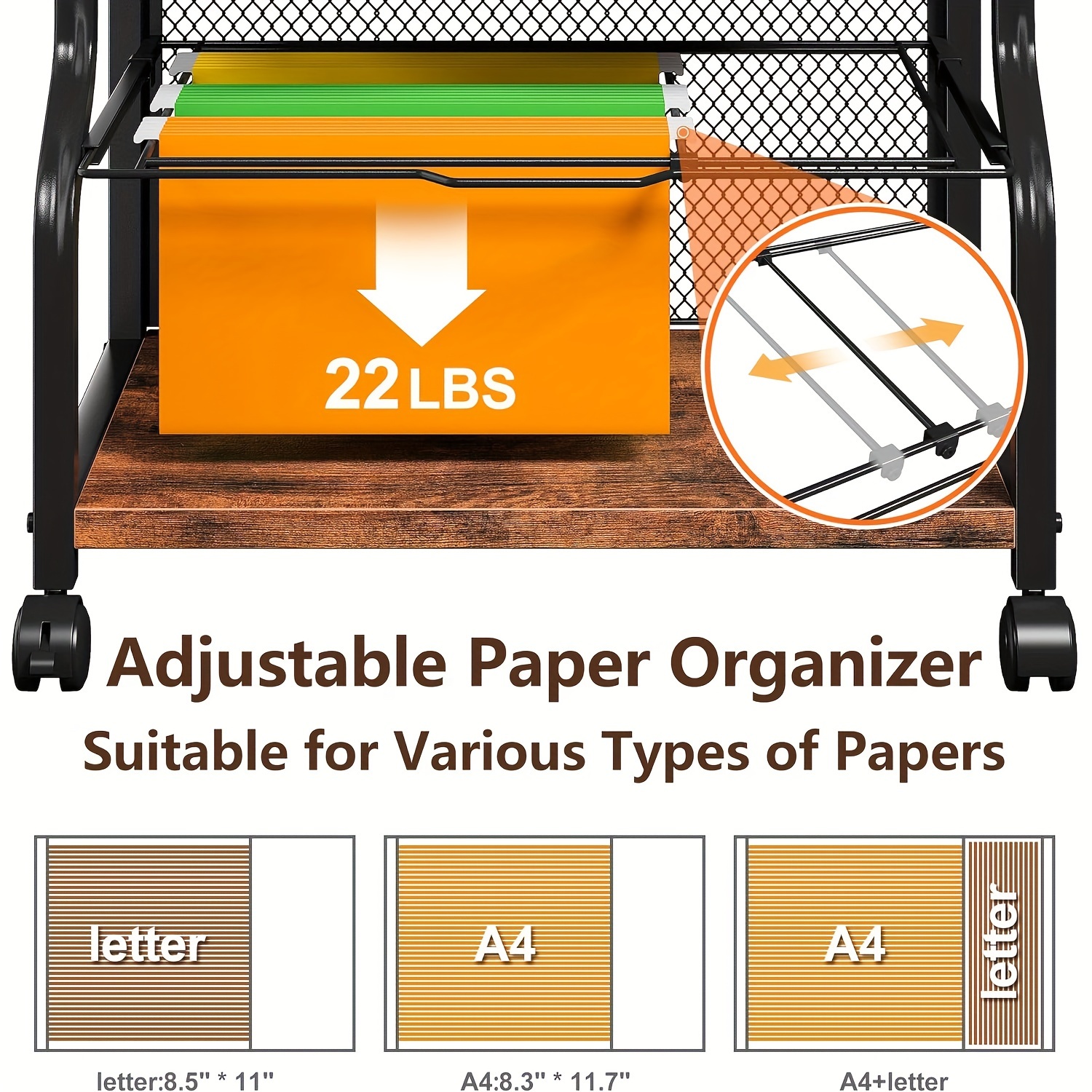 17.7"w 7-tier Rolling File Organizer With Hanging File Folders For A4 ...