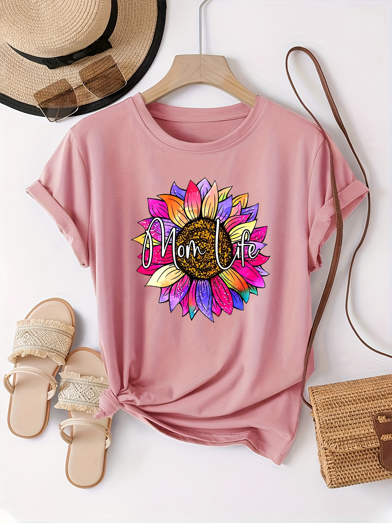 Sunflower Print T shirt Short Sleeve Crew Neck Casual Top - Temu New Zealand