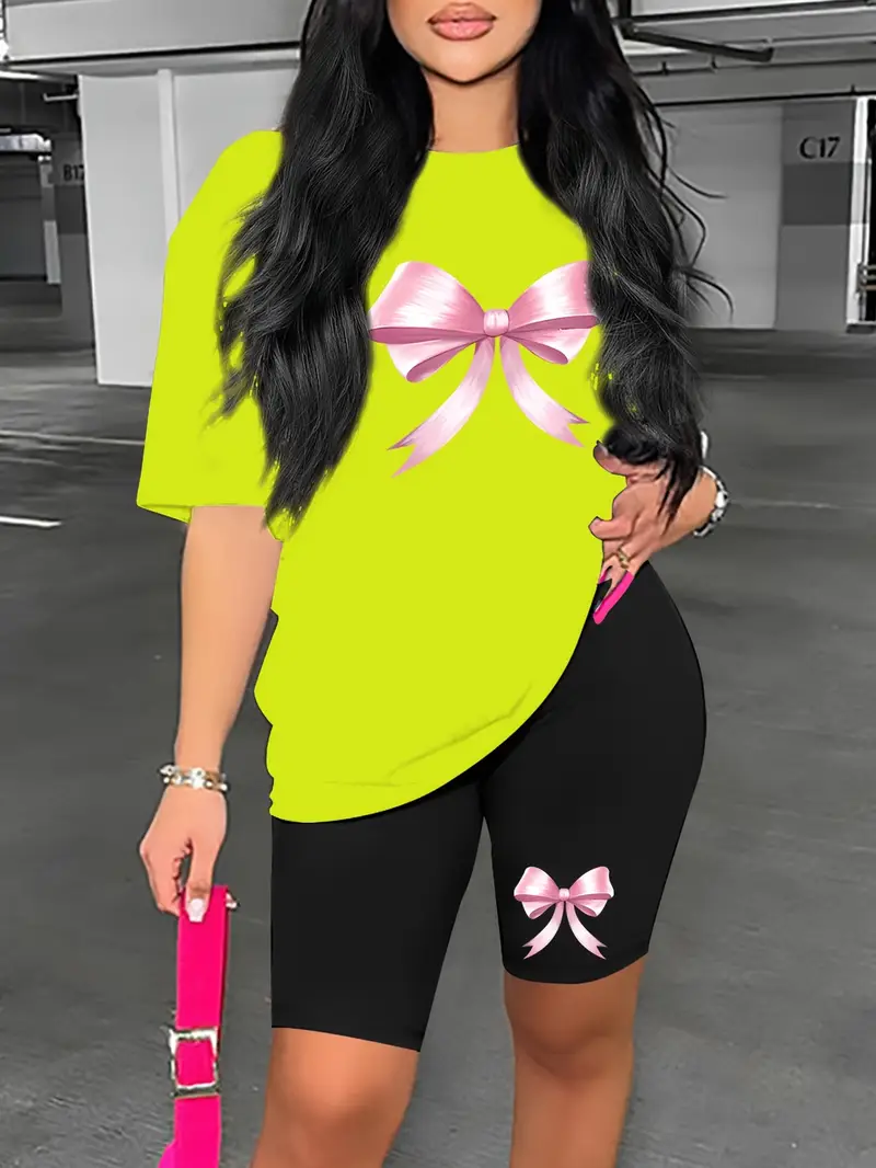 Casual Bow Graphic Print Two Piece Shorts Set Short Sleeve Temu New