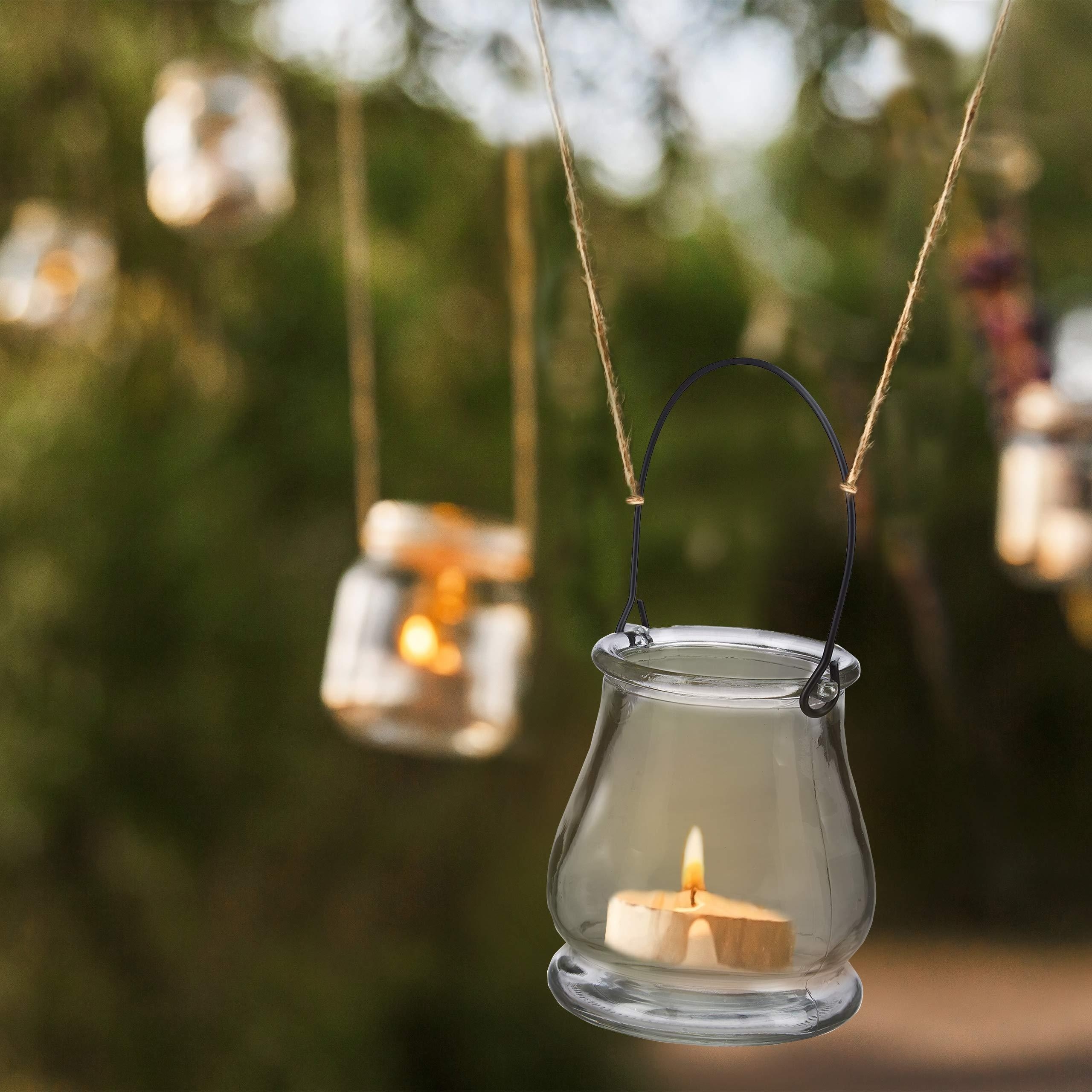 12pcs Hanging Glass Tea Light Candle Lanterns Vintage Indoor Outdoor Decor with Black Metal Handles Clear Glass Holders for Home Garden Wedding