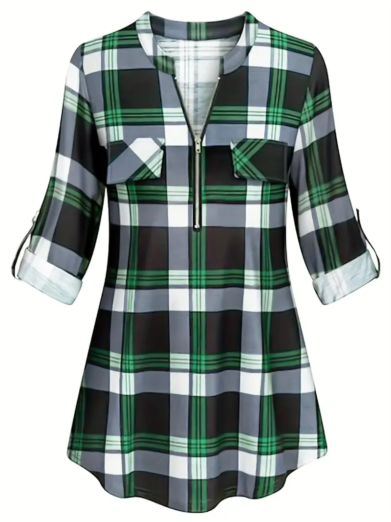 Preppy Top Plus Size Women S Plus Plaid Print Roll Sleeve Temu Australia