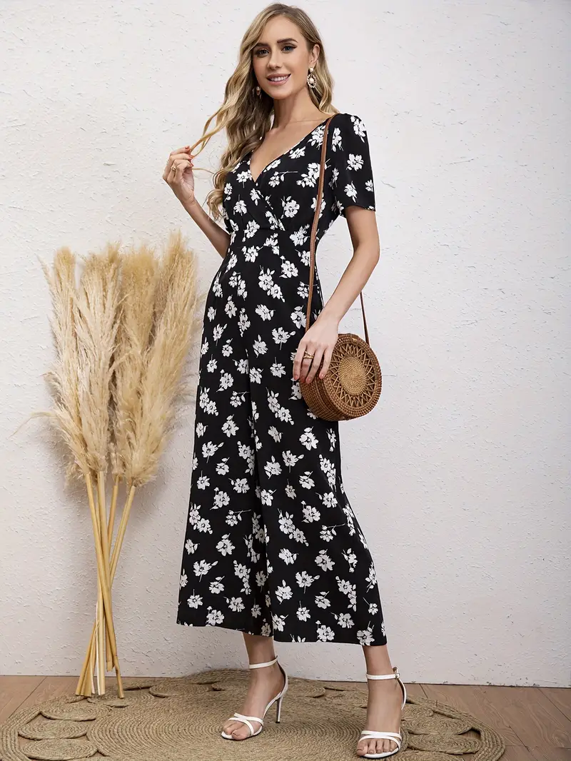 Floral Pattern Surplice Neck Jumpsuit Casual Wide Leg Short Temu