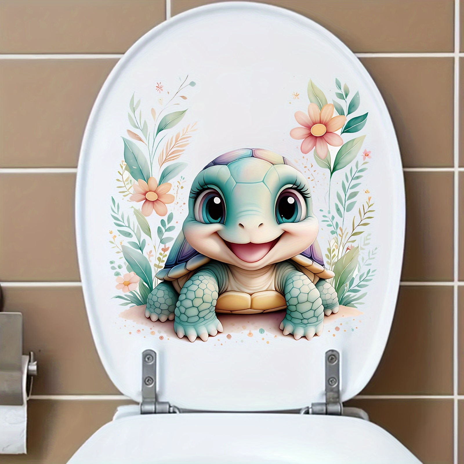Cartoon Turtle Toilet Lid Decal, 1pc Adorable Fun Turtle Sticker, Pvc ...