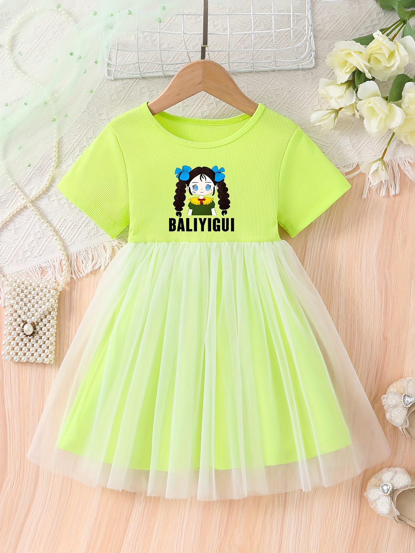 Cartoon Girl Print Short Sleeve Tutu Dress, Girl's Cute Comfy Mesh ...