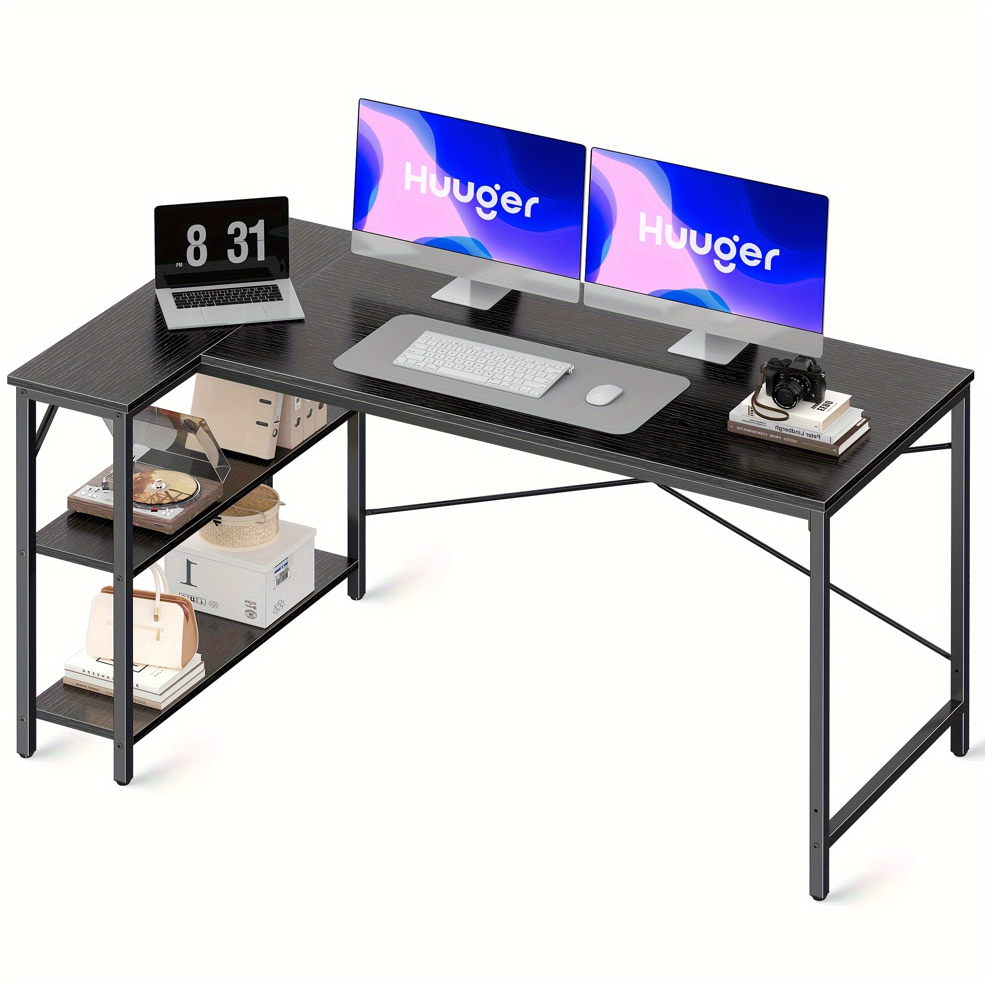 L Shaped Desk, 55 Inches Computer Desk With Reversible Storage Shelves ...