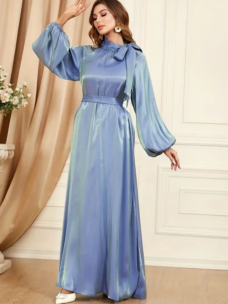 Solid Color Tie Neck A Line Dress Elegant Lantern Sleeve Temu New Zealand