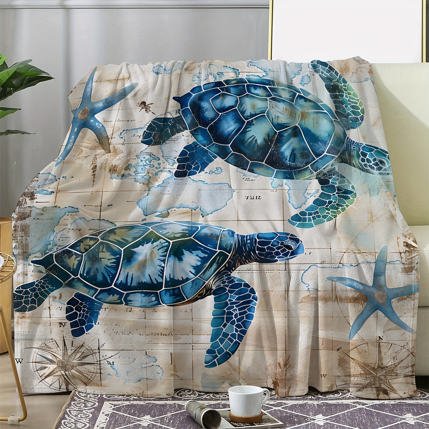 Vintage Ocean Themed Flannel Throw Blanket Turtle - Temu