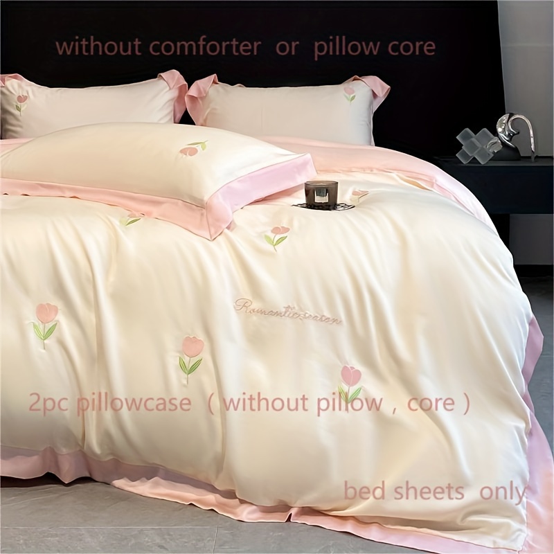 4-piece Embroidered Floral Tulip Bedding Set - Includes Duvet Cover ...