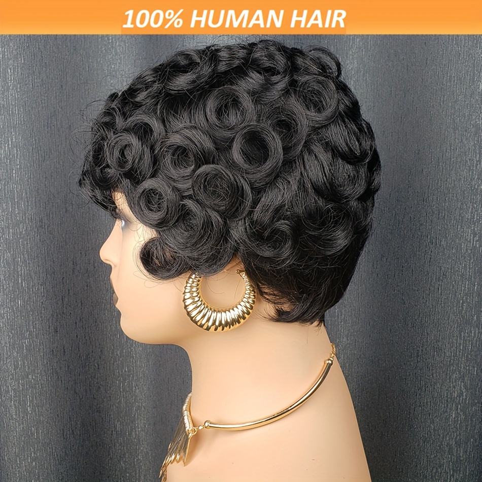 Elegant 100% Human Hair Pixie Cut Wig Loose Curly Waves - Temu