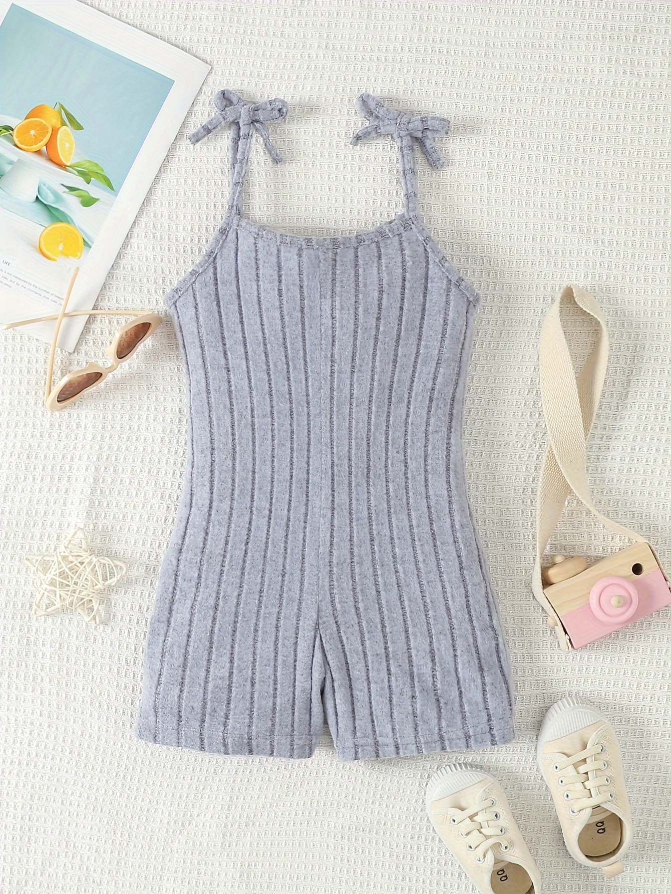 Bow Decor Girls Casual Solid Ribbed Cami Jumpsuit Romper - Temu New Zealand