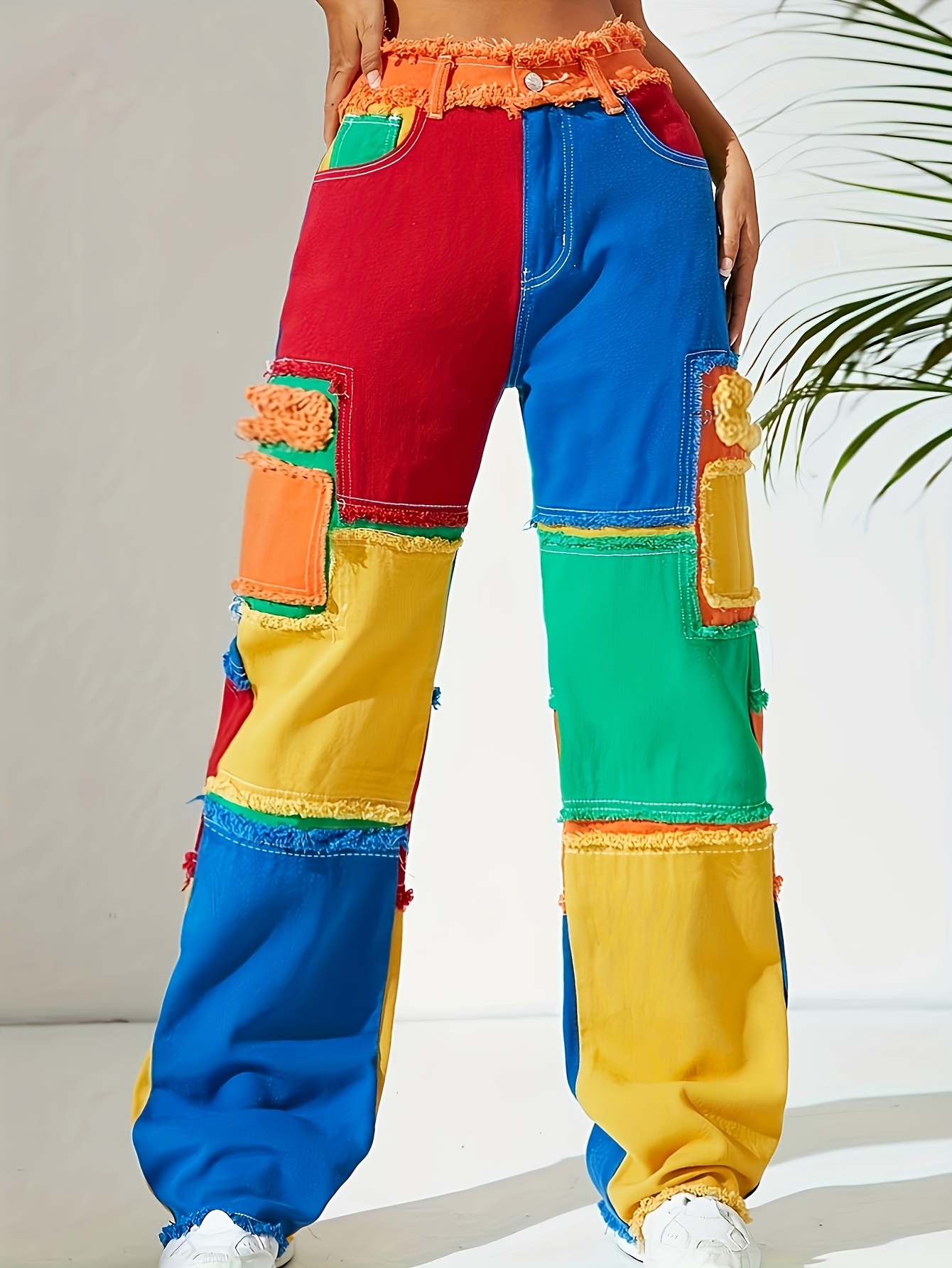 Colorblock Trim Straight Jeans Loose Fit High Waist - Temu