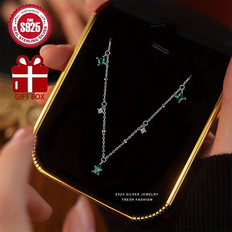925 Silver Inlaid Green Zircon Thin Chain Necklace - Temu United Kingdom