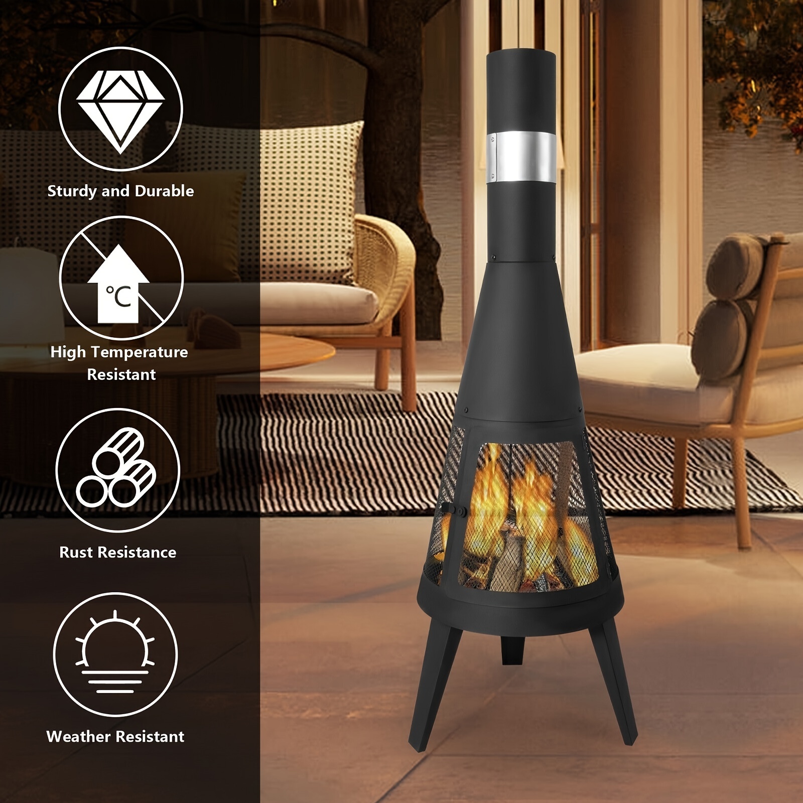 4 Ft Fire Pit Wood Burning Chiminea Fireplace Patio Deck Outdoor | Temu