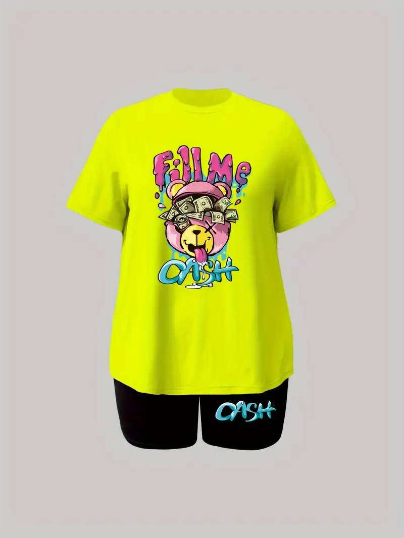 Plus Size Cartoon Bear Print Two Piece Crew Neck Short Temu Canada