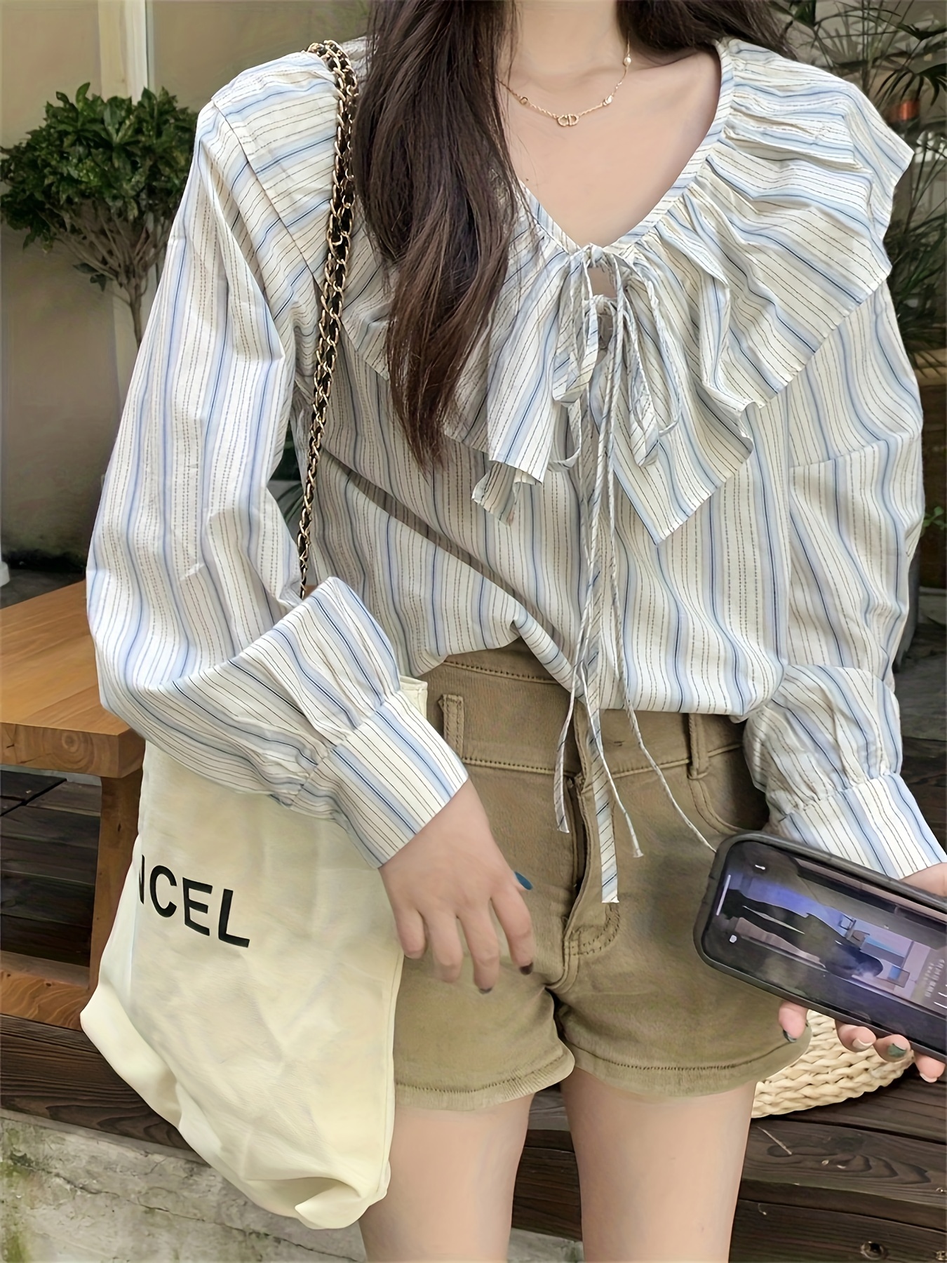 프린트 러플 트리밍 블라우스 봄과 가을을 위한 빈티지 타이 프론트 롱 슬리브 블라우스 여성 의류 Temu Korea