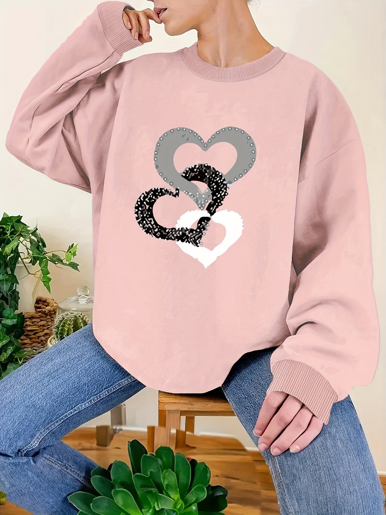 Heart Print Sweatshirt Plus Size Casual Long Sleeve Crew - Temu Australia