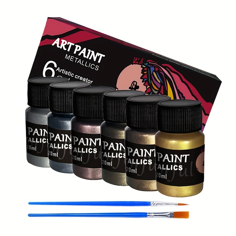 6 Colors Metallic Acrylic Paint Set 2 Brushes Art Supplies - Temu