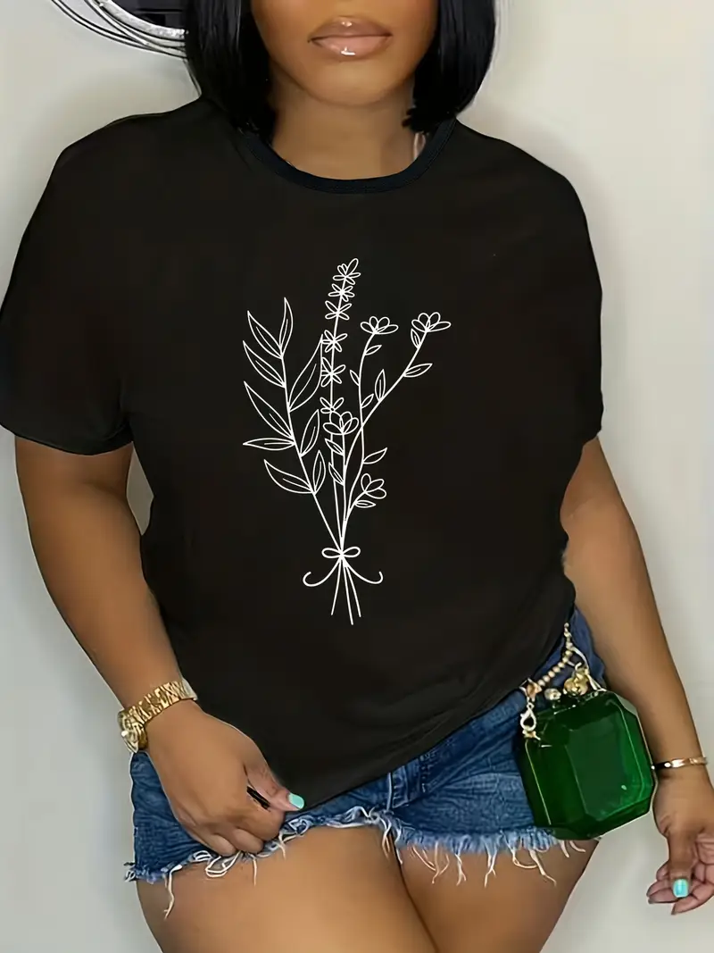 Plus Size Floral Print T Shirt Casual Crew Neck Short Sleeve Temu
