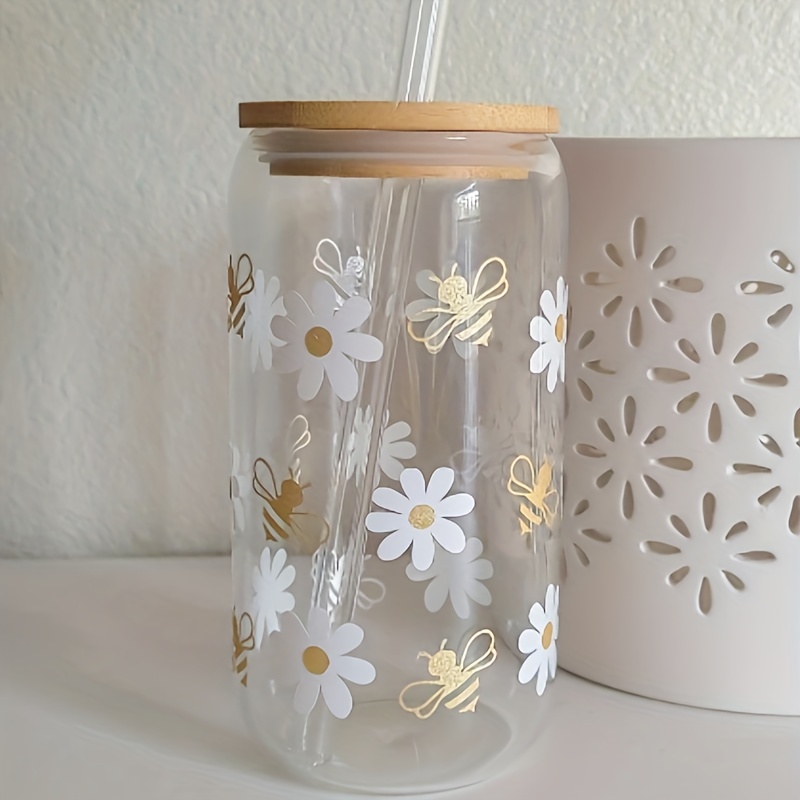 Daisy Flowers Drinking Glass Lid Straw Shaped Water Cup Iced - Temu
