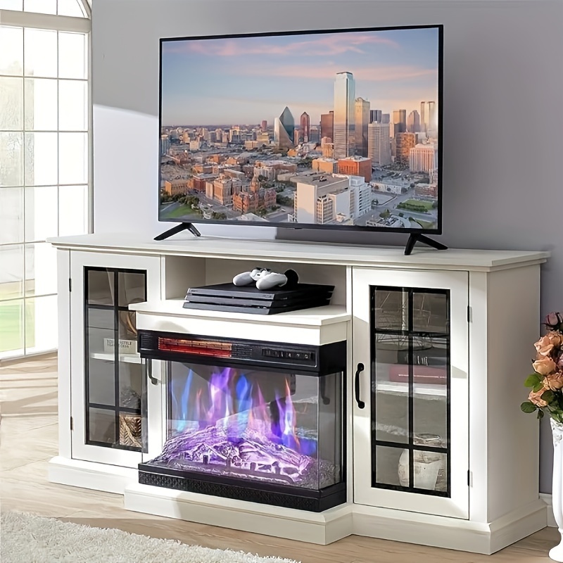 Distressed White Fireplace TV Stand with 3 Sided Glass 12 Color Options and Enclosed Storage with Doors Fits TVs Up to 65 Inches